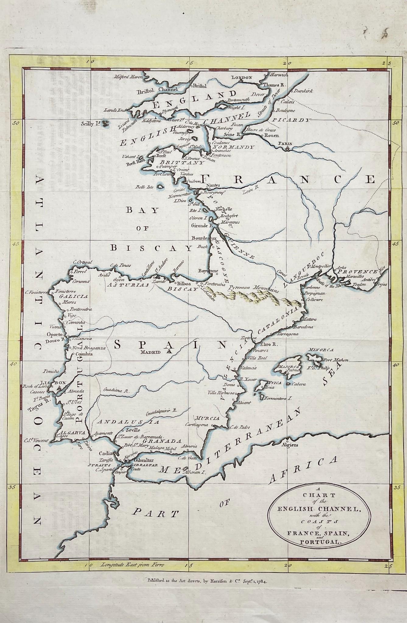 Antique Map Of Europe Map Of English Channel Coasts Of France, Spain Bayly