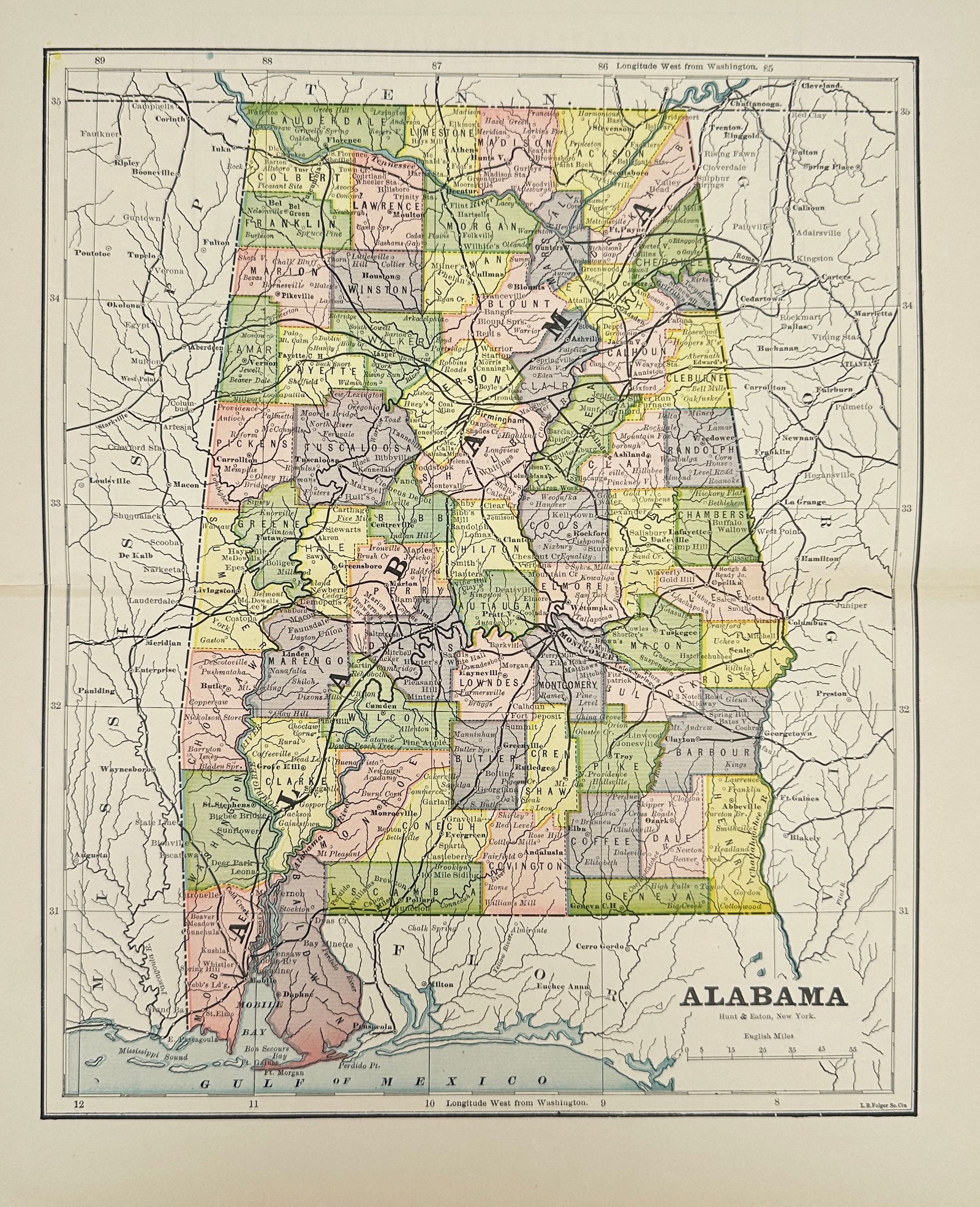 Hunt & Eaton – Map Of Alabama – United States (c.1890s) Auction