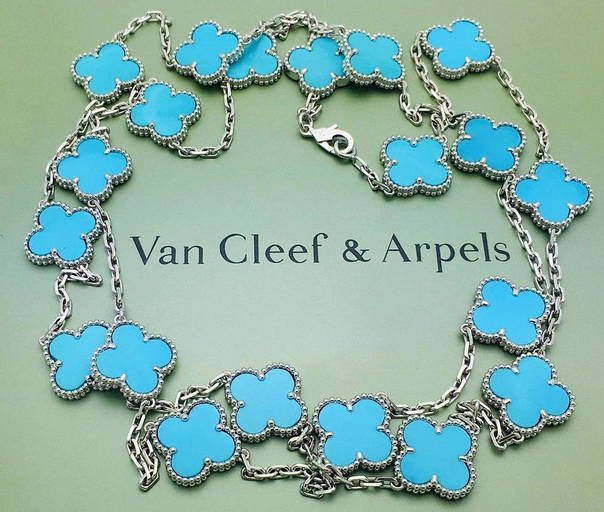 Van Cleef & Arpels Alhambra 18k White Gold Turquoise 20 Motif Necklace ...