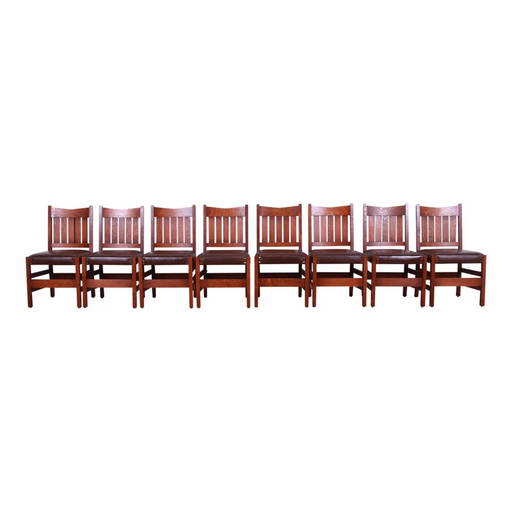 Gustav Stickley V Back Oak And Leather Dining Chairs By Warren Hile ...