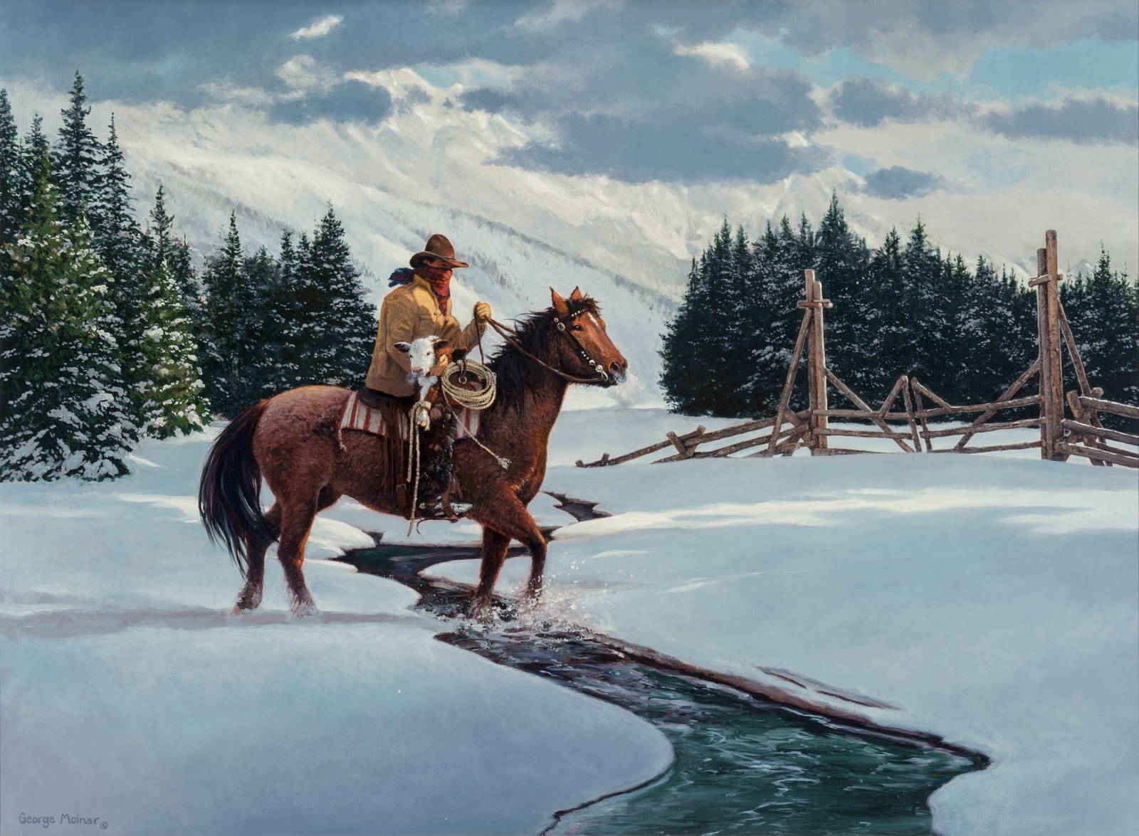 George Molnar (b. 1953) Cowboy On Horse In Winter Auction