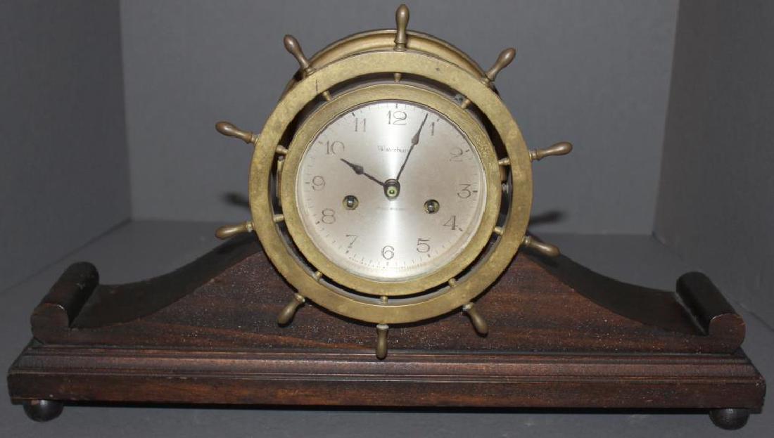 "Waterbury" brass ships wheel clock, jeweled movement,