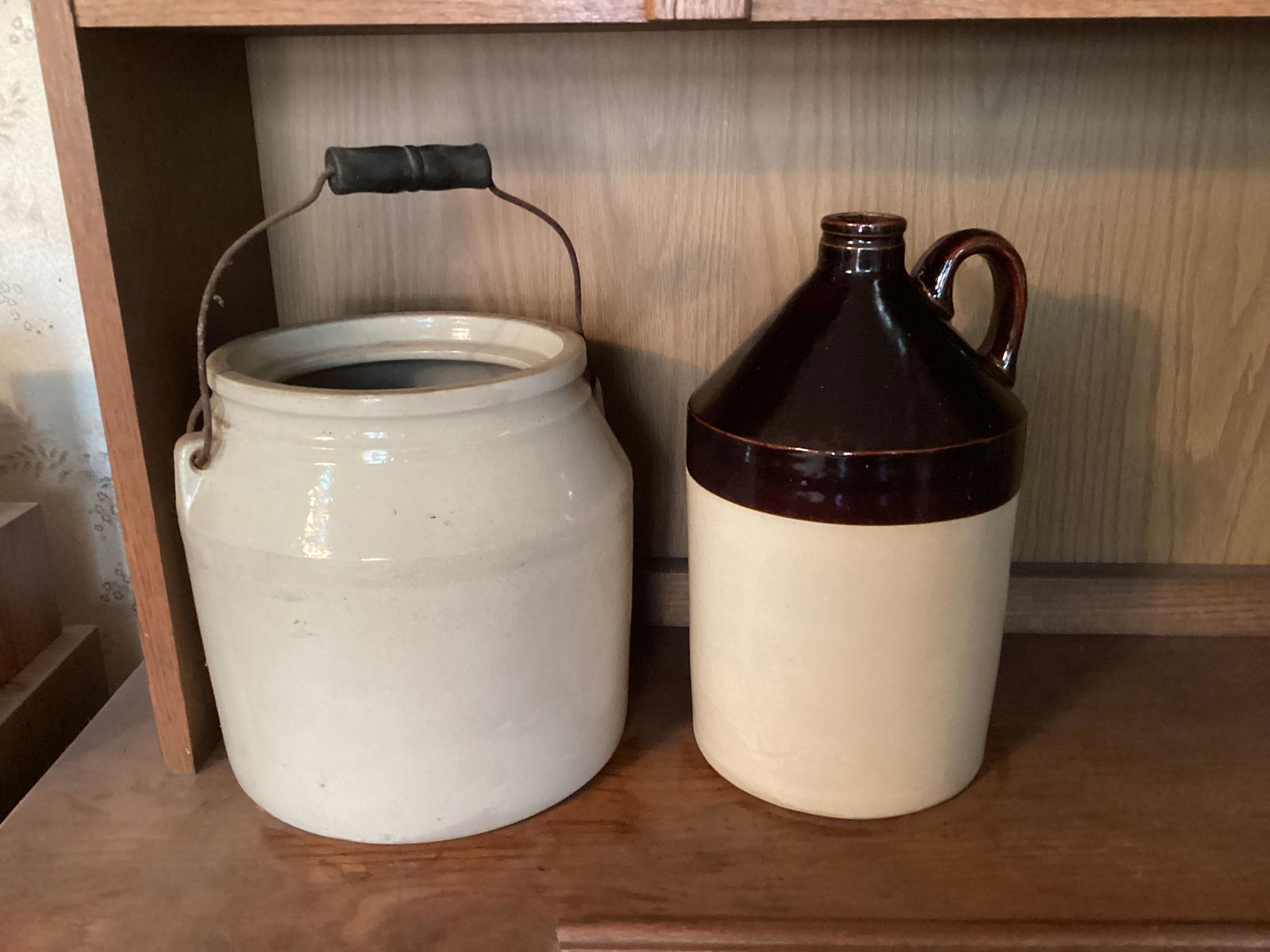 Antique Stoneware Crock With Wire Bail Wood Handle And Jug