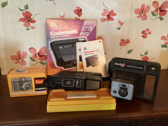 Vintage Kodak Kodamatic Instant Camera In The Box, Diana Camera In The ...