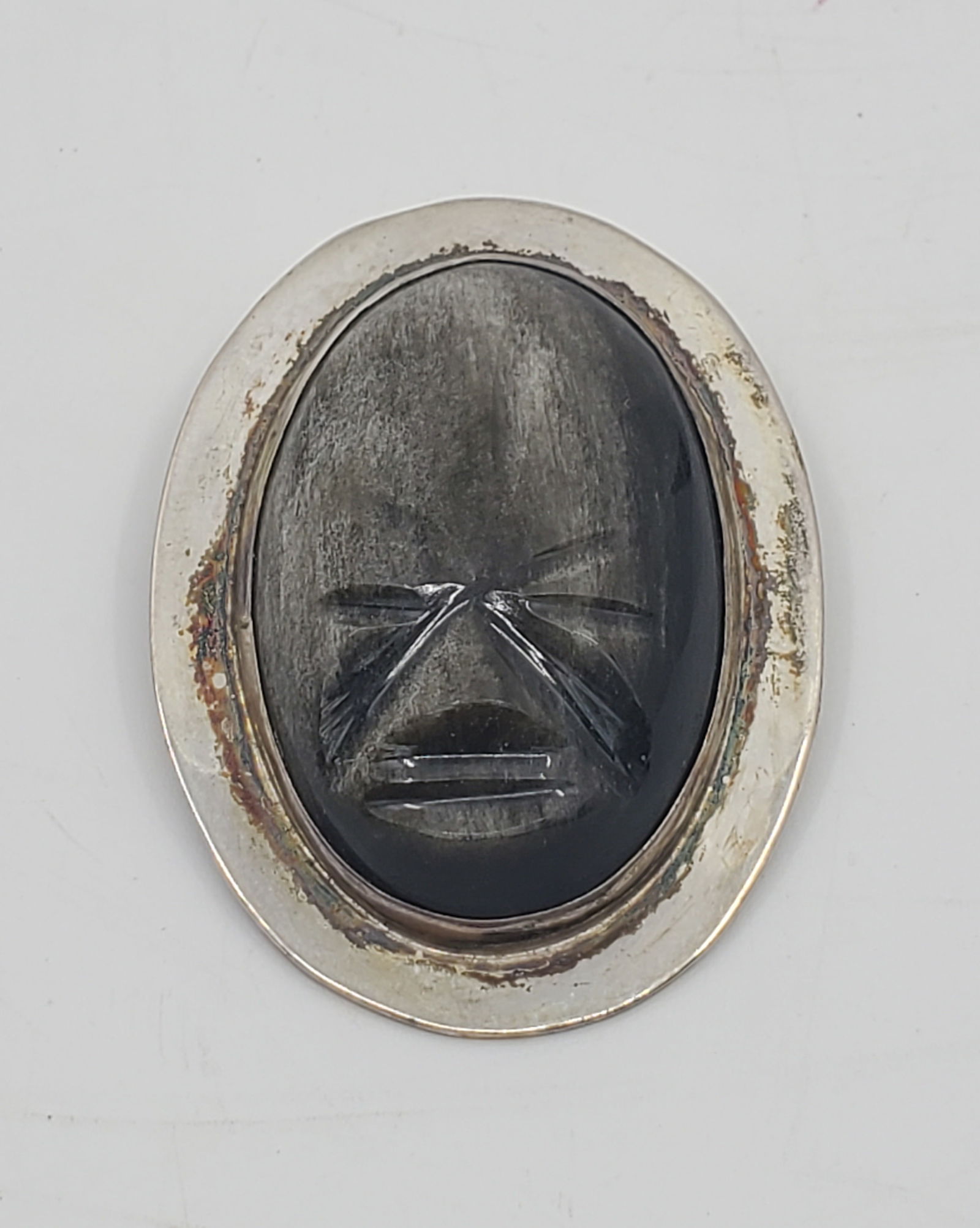 Mexican Sterling Silver Sculpted Hawk Eye Stone Brooch