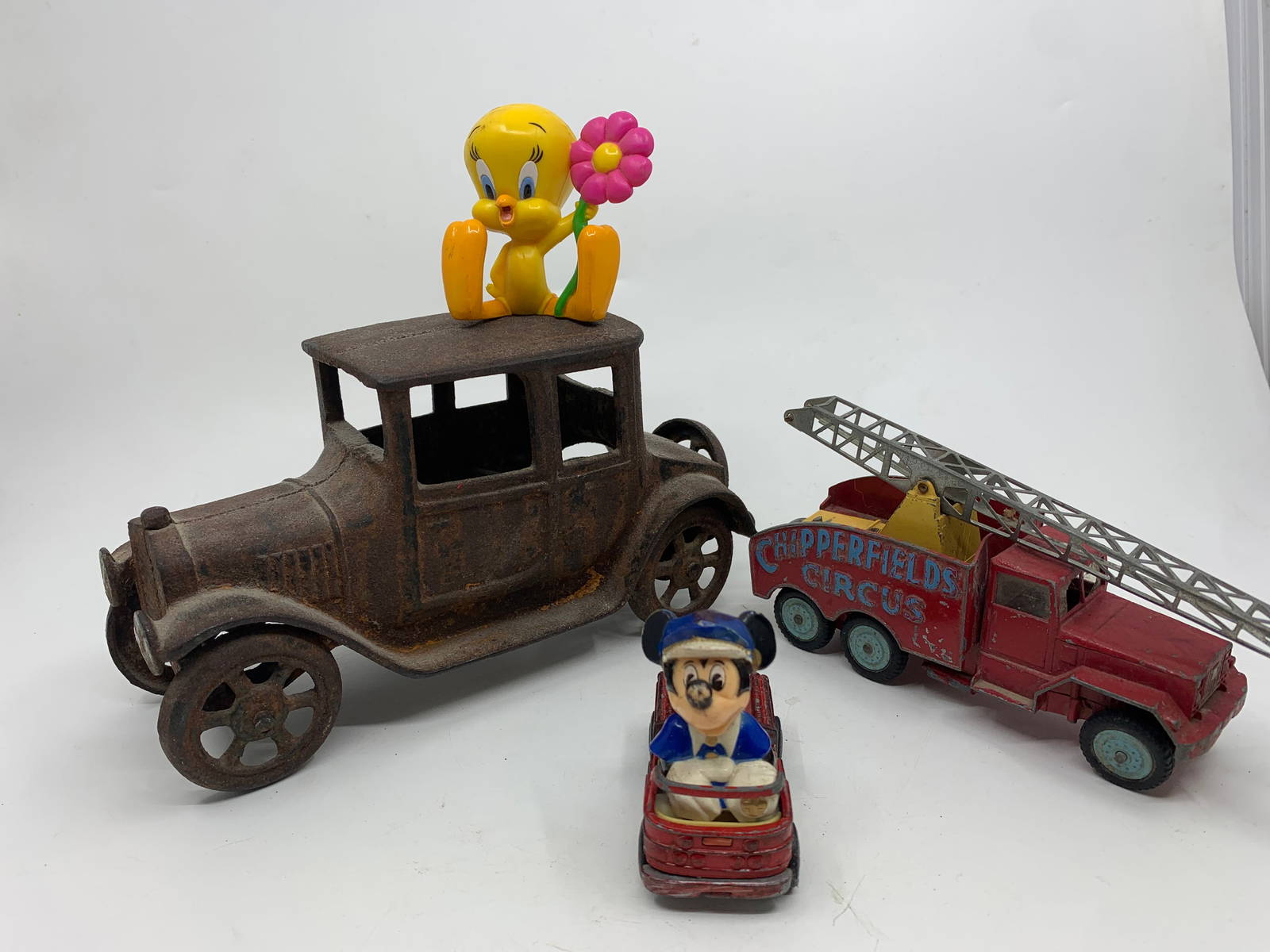 Set Of 4 Antique Toys, Corgi Major, Cast Iron Car, Matchbox Mickey ...