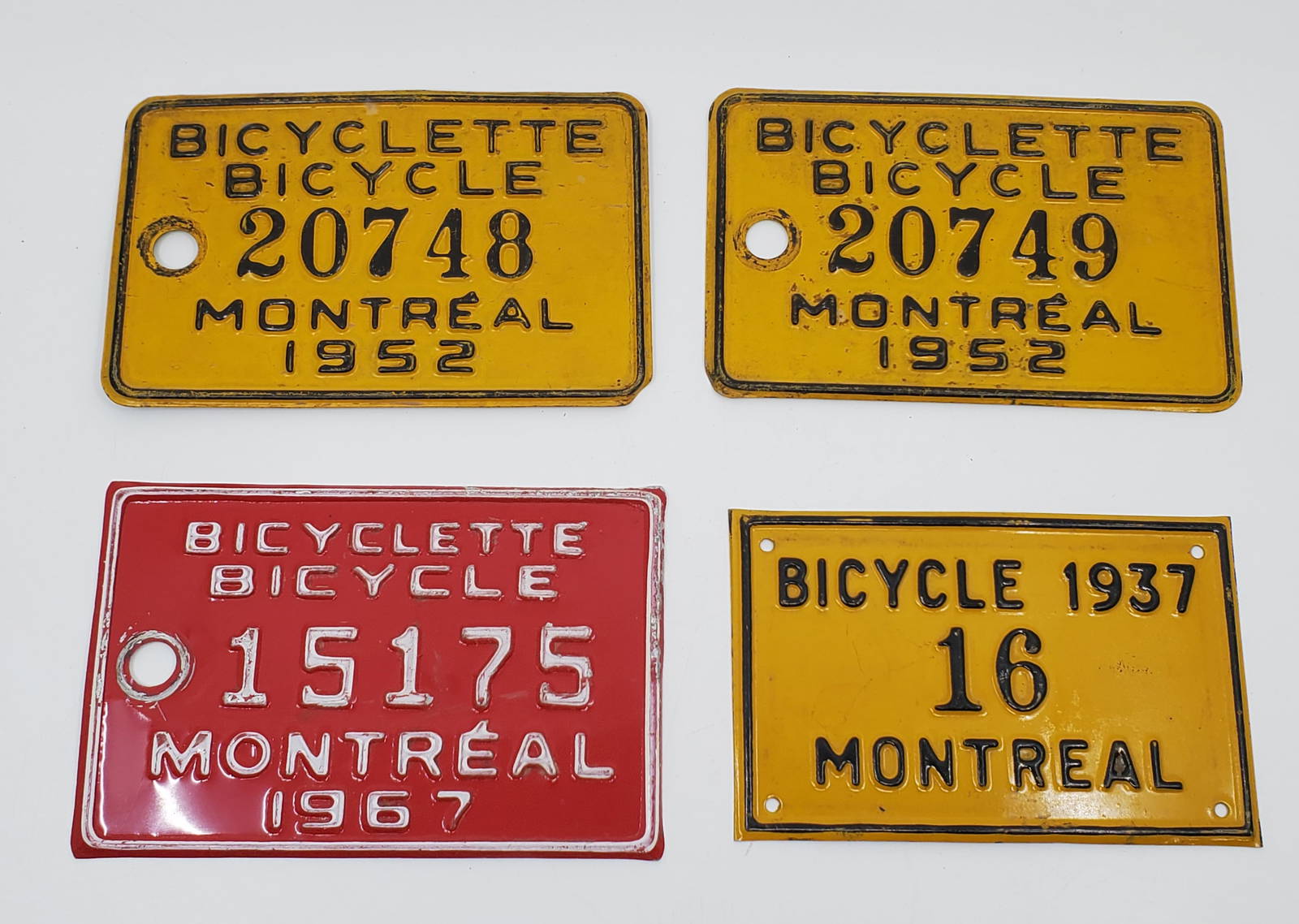 Set Of 4 Antique Bicycle Licence Plate Montreal 1937, 1952 And 1967 Auction