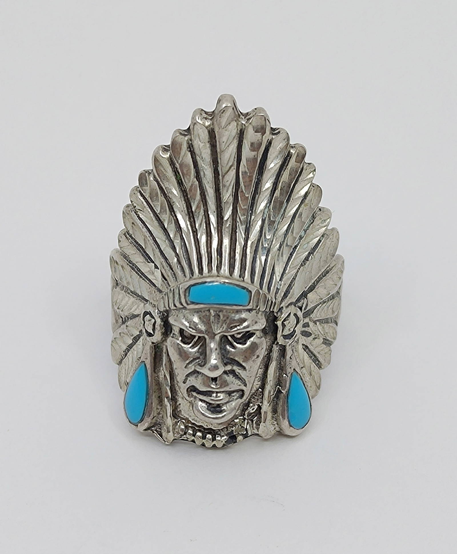 Ted Ott, Navajo Sterling Silver Indian Chief Head Ring. Auction