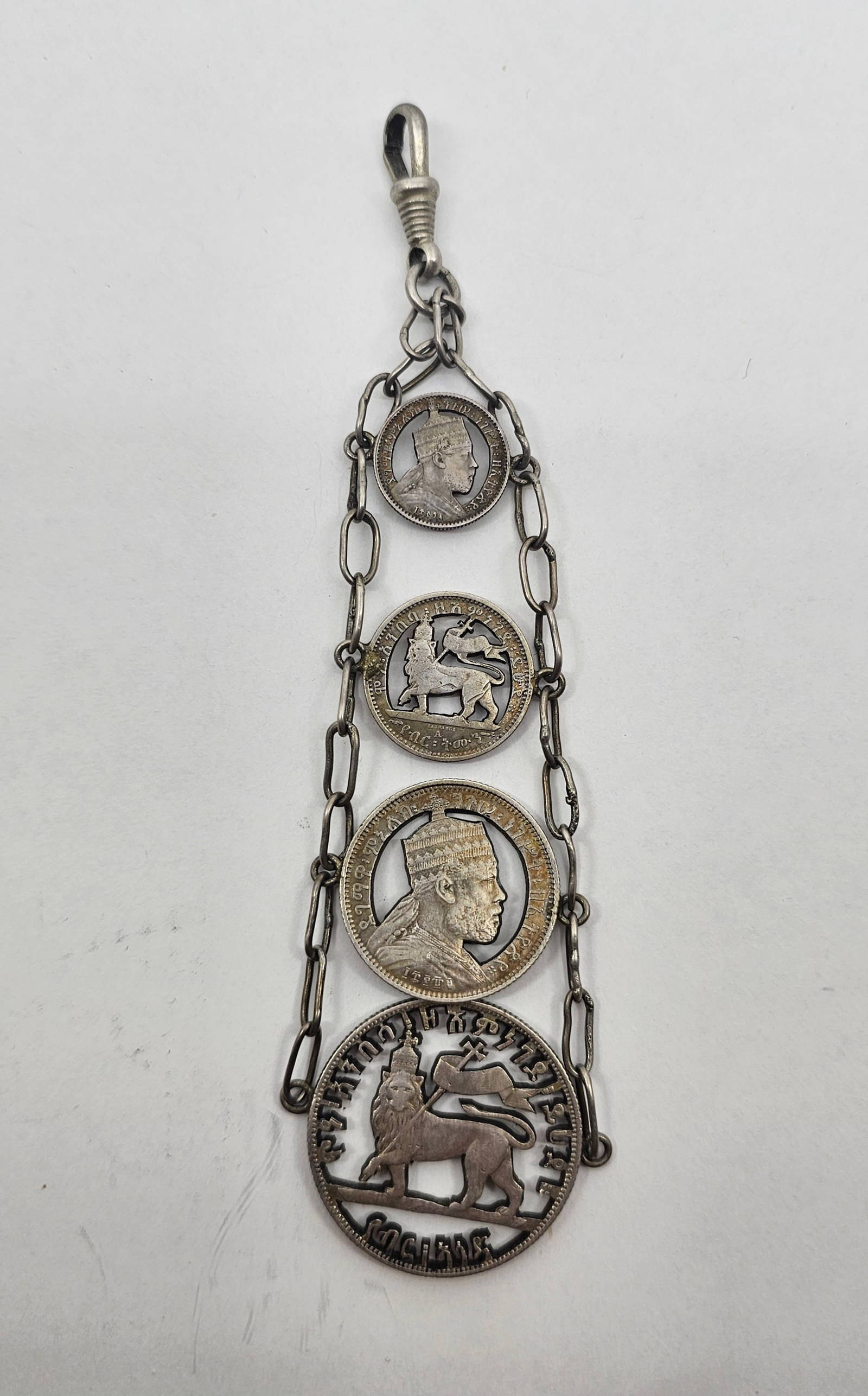 Ethiopia Antique Silver Watch Fob Cut Out Menelik Ii Coin Set Auction