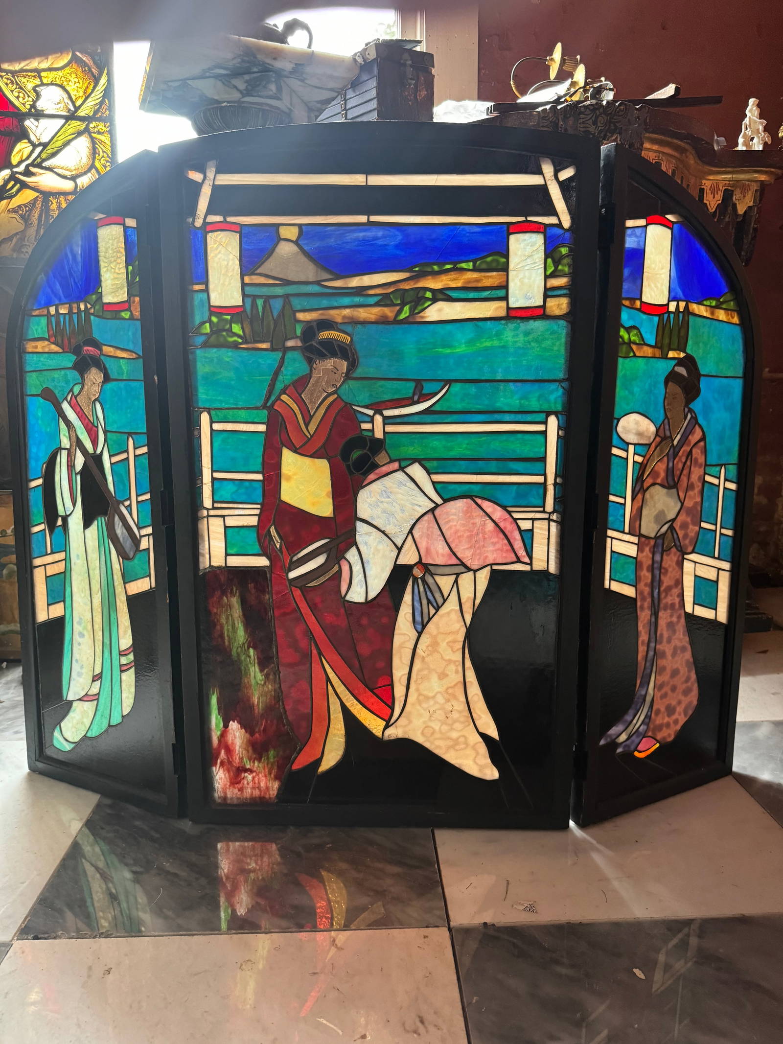 Art Deco Japanese Three Panel Stained Glass Screen Auction