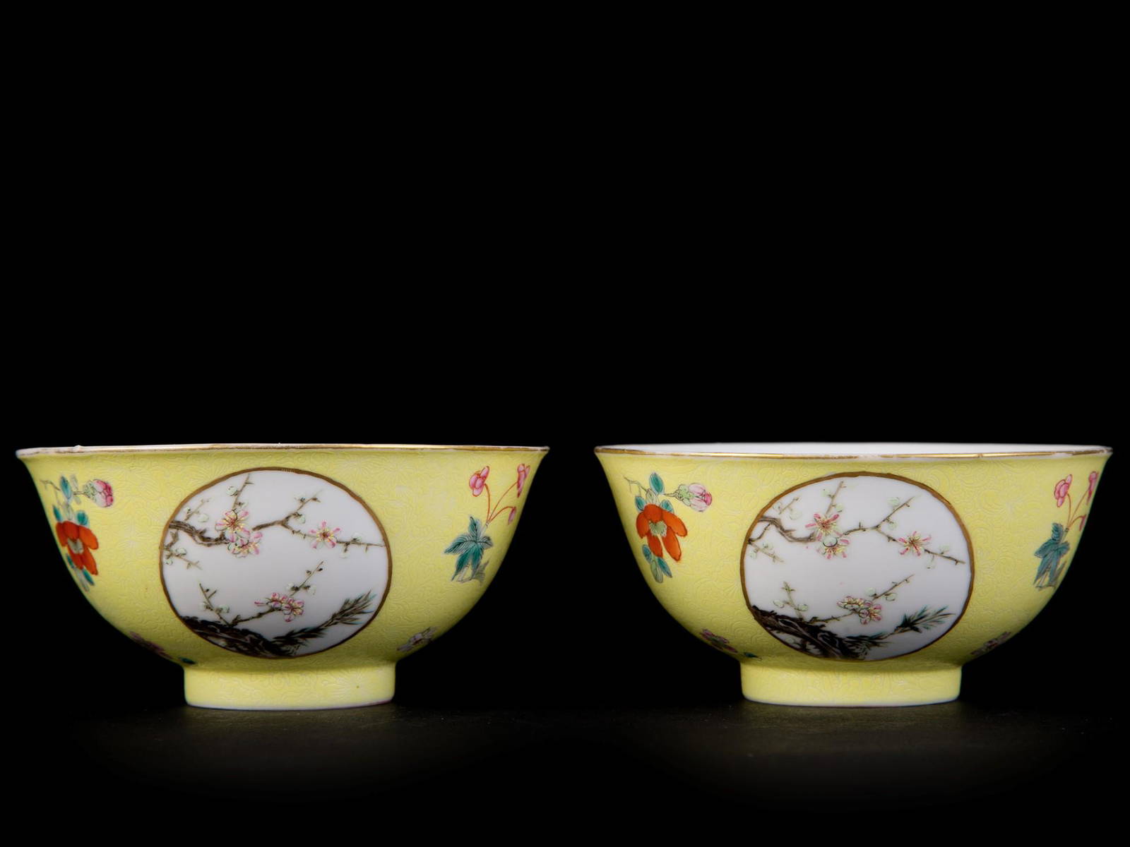 A Pair Of Yellow-ground Scratched Cups Qing Hua Zhen Pin Marked Auction