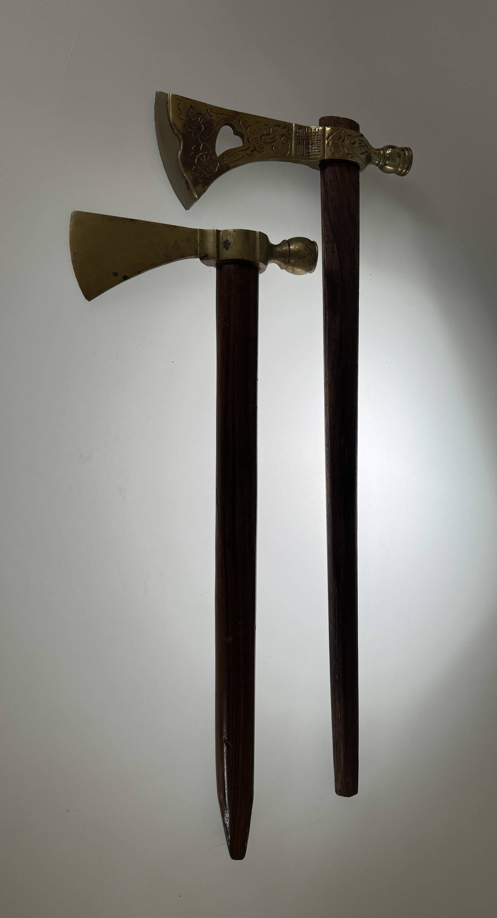 Two Native American Brass And Wood Tomahawk Peace Pipes Reproduction