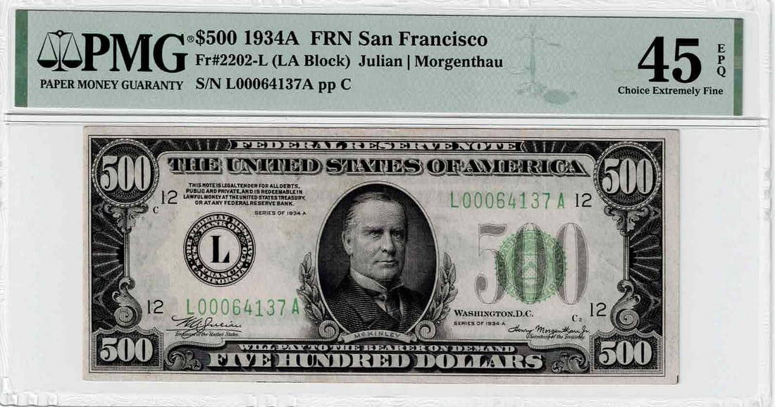 1934a $500 Federal Reserve Mule Note Fr. 2202-l Pmg Xf45 Epq Auction