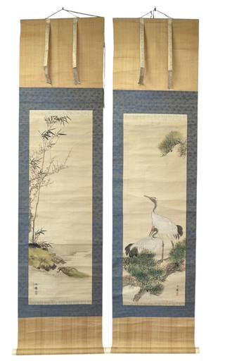 Pair Of Japanese Kakejiku Hanging Scrolls With Bone Handle In Wooden Box