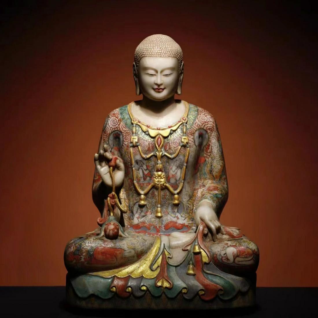 White Marble Full Color Painted Buddha Statue Auction