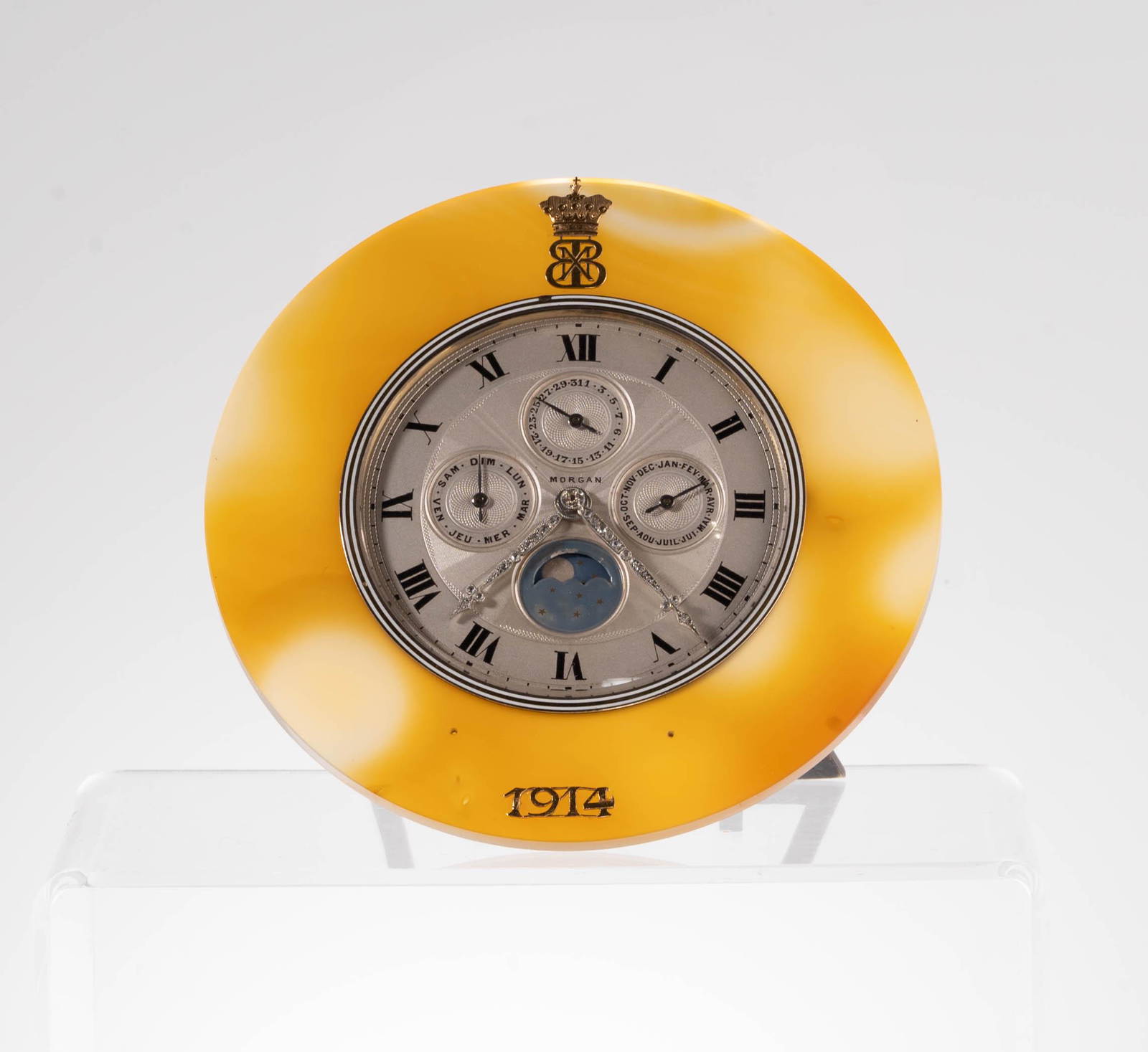 French Agate Silver And Gold Triple Calendar Moon Phase Desk Clock Auction