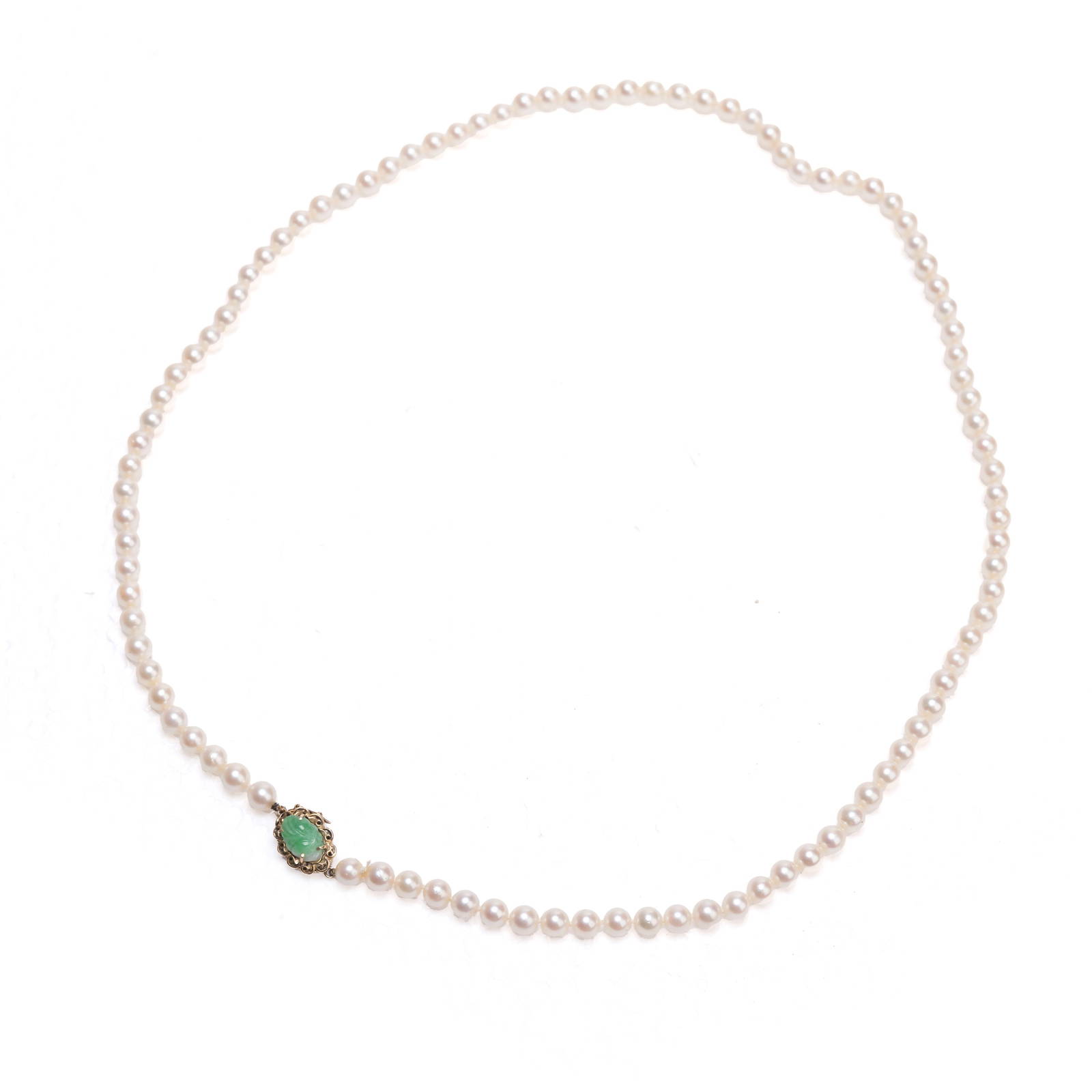14k Gold 585 Marks Pearl Necklace, Jadeite Pandent Auction