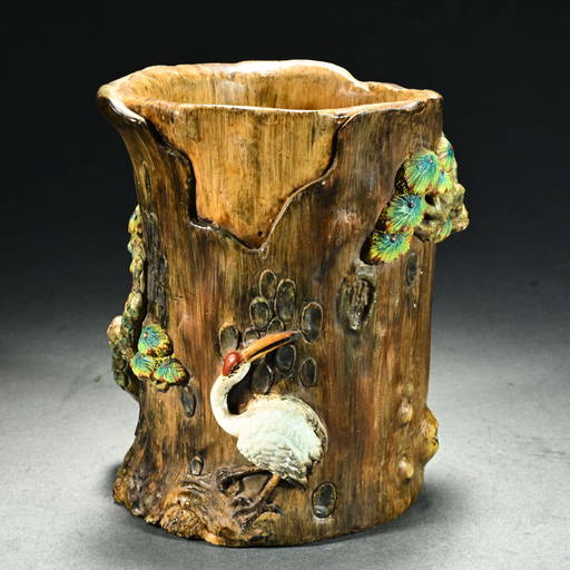 Bionic Porcelain Pine Crane Extension Pen Holder Of Qing Dynasty