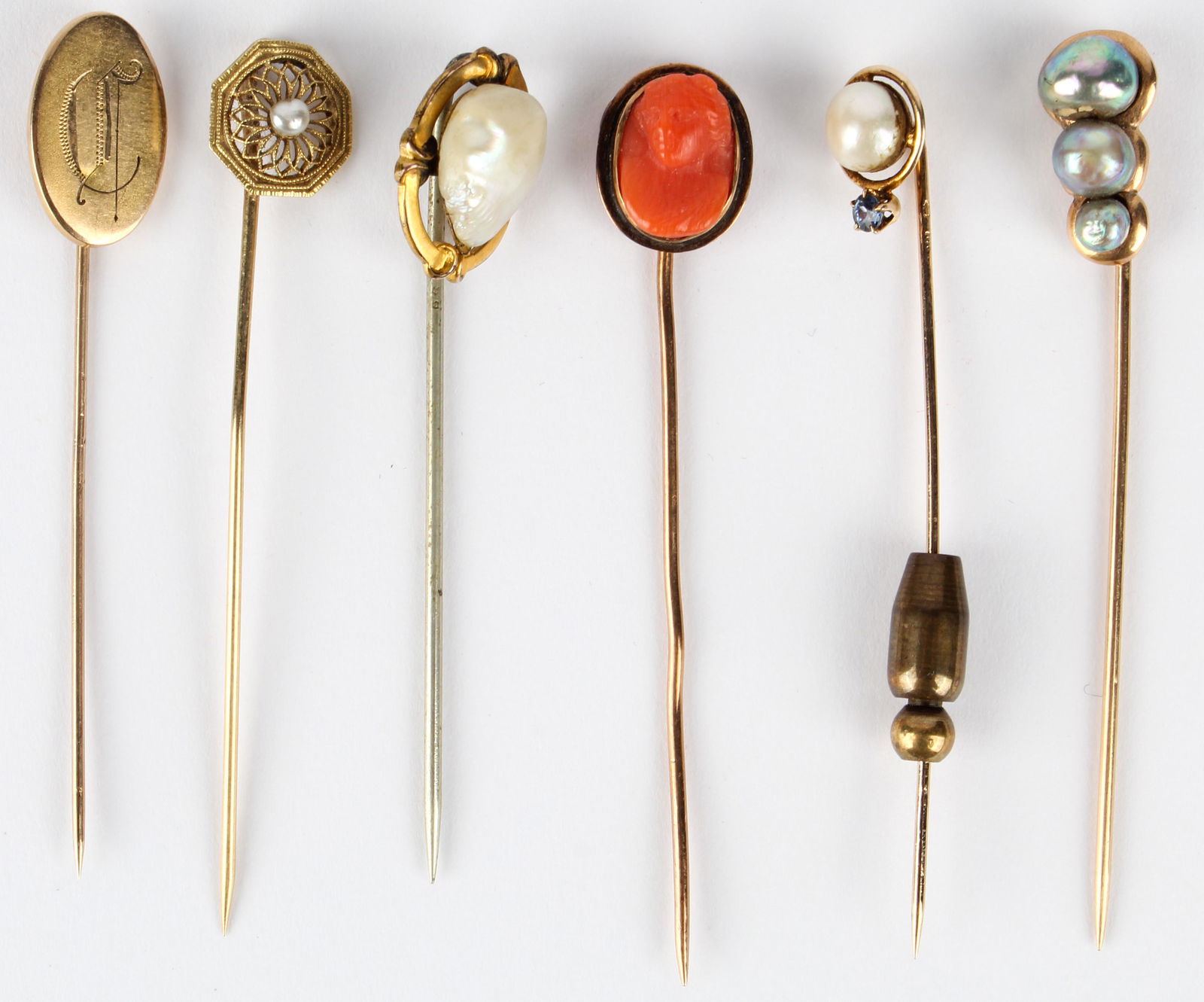 6 Victorian Stick Pins, Including 14k
