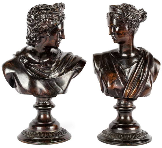 Two Neoclassical Bronze Busts, Artemis & Apollo