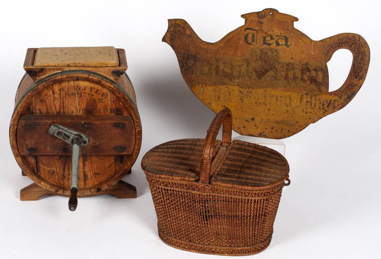 Primitives Including Butter Churn, Tea Trade Sign, Picnic Basket