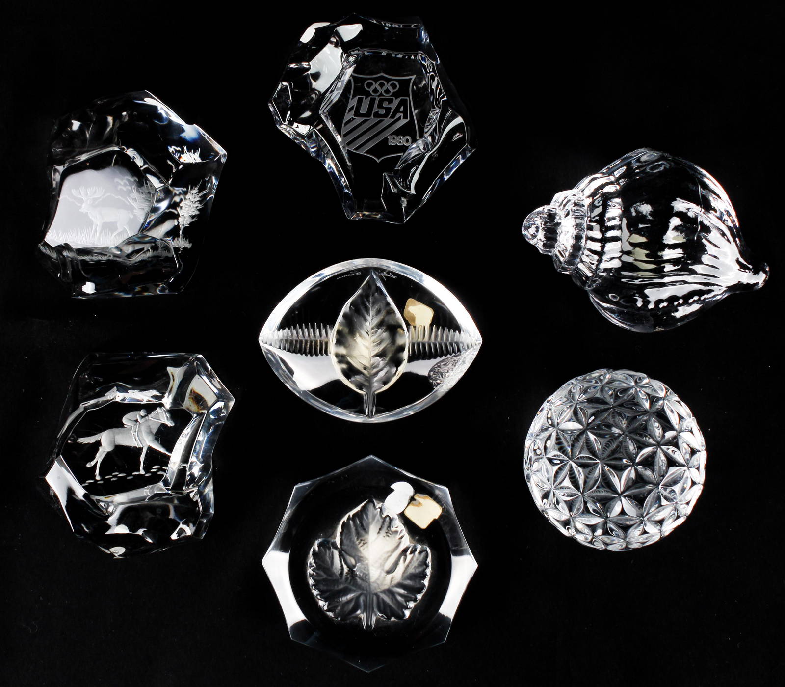 Seven Clear Glass Paperweights, Lalique, Waterford, Val St. Lambert Auction