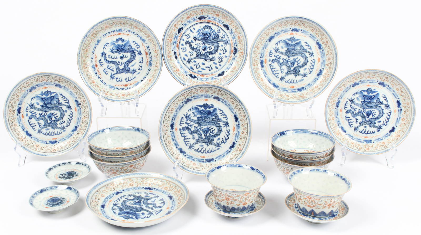 Seventeen Antique Chinese Blue Dragon Rice Grain Porcelain Dishes Auction