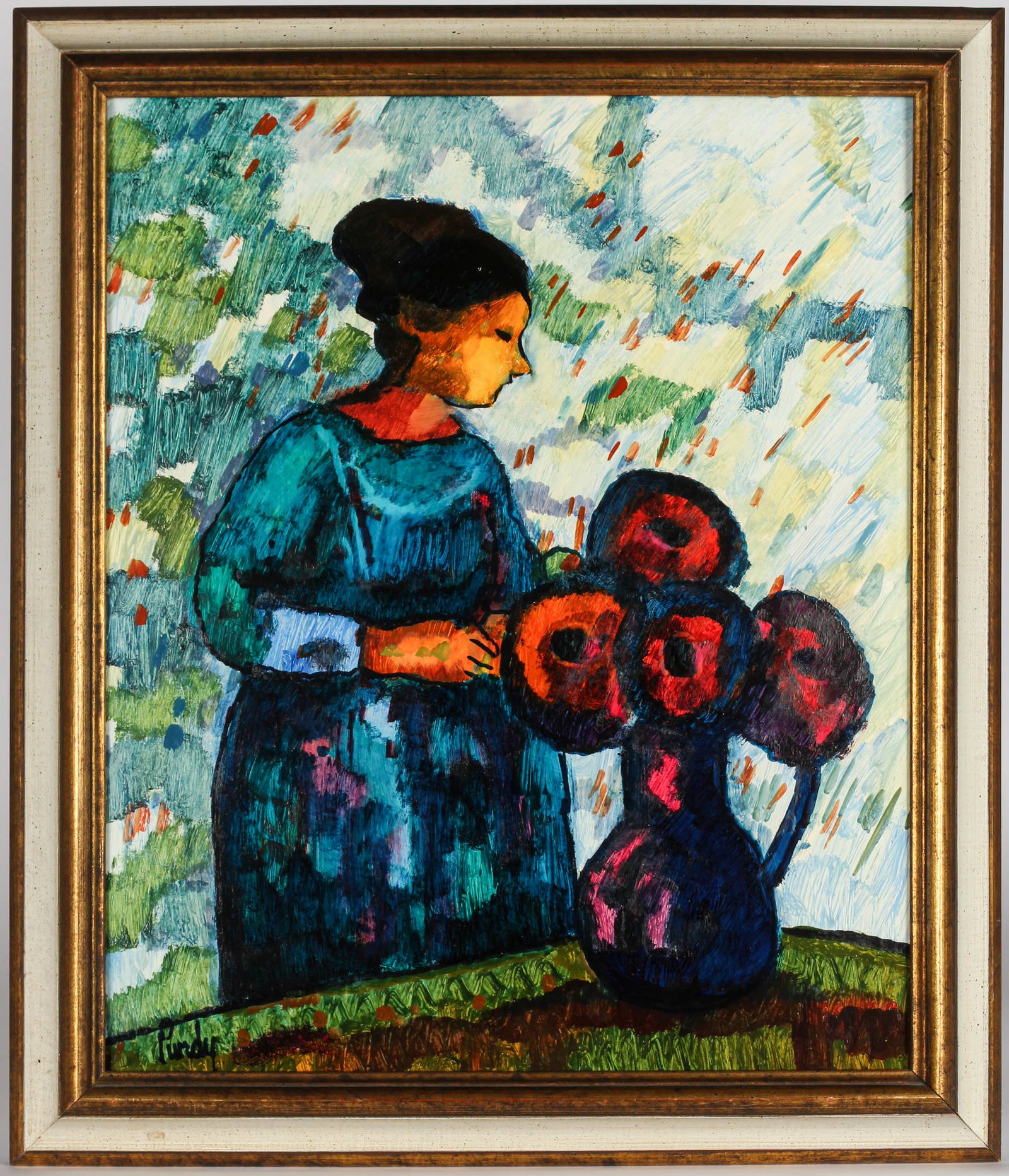 Donald Purdy (american, 1924-2018) Woman With Flowers, Oil On Board ...