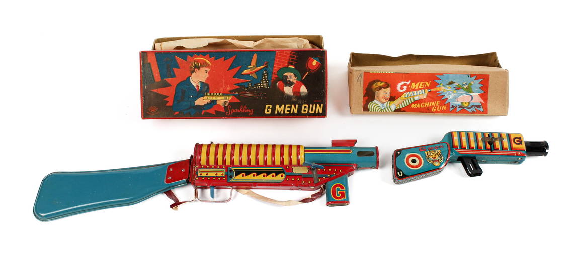 Two G Men Fbi Sparkling Tin Litho Toy Machine Guns With Boxes, Japan