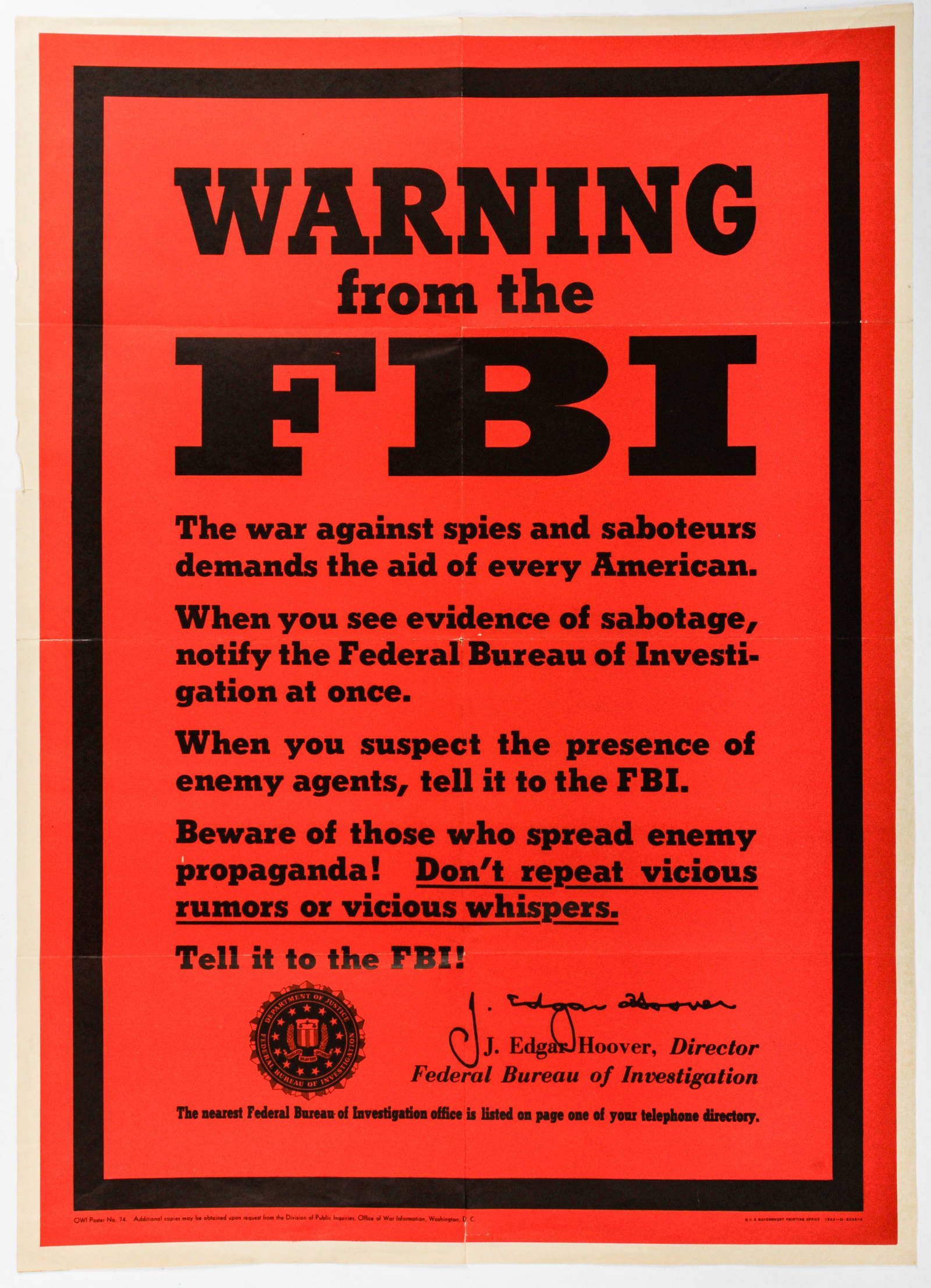 1943 Wwii Anti-espionage Fbi Warning Poster J. Edgar Hoover Auction