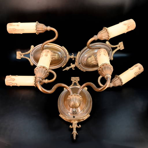 Set Of Three Brass Matching Neoclassical Two Arm Sconces With Garland ...