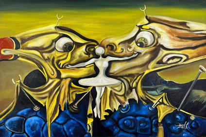 Spanish Oil Surrealist Scene Signed Salvador Dali