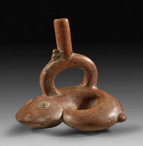 Chimu red slip stirrup vessel formed as a fish (catfish or shark ...