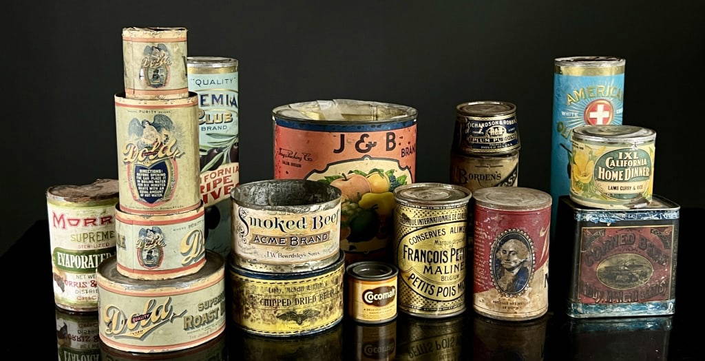 (17) 1900's Graphic Gen. Store Primitive Meat Cans Auction