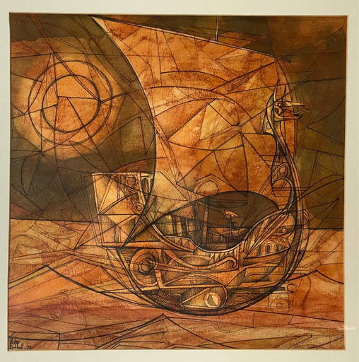 Peter Nuttall Original Watercolor Surrealist Dragon Boat 1972