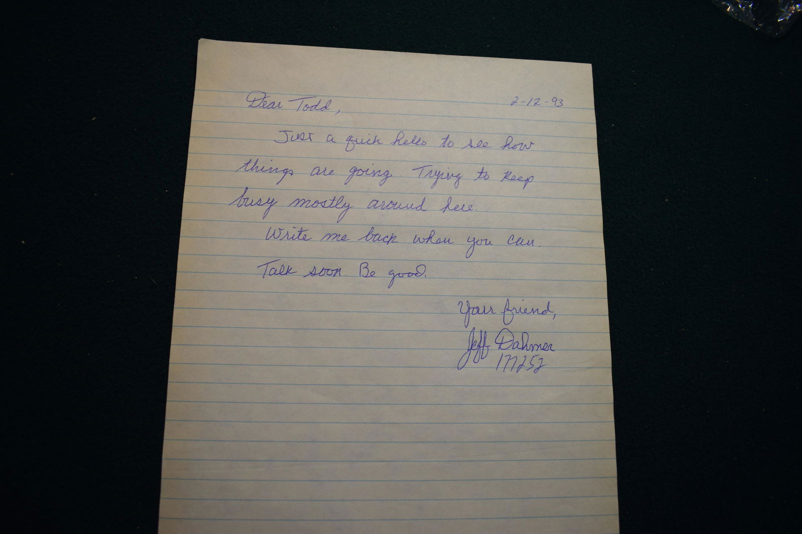 Jeffery Dahmer Serial Killer Signed Letter Auction