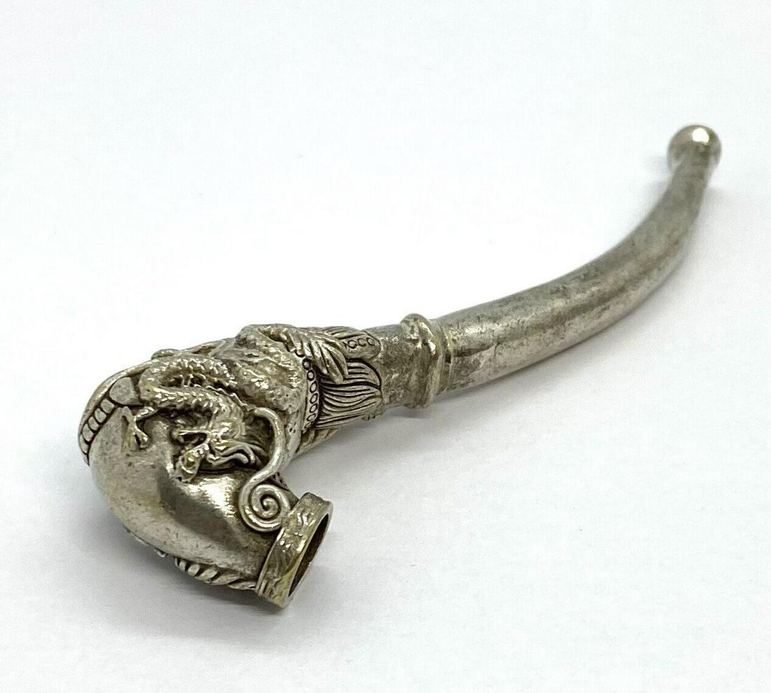 Antique Old Tibet Silver Dragon Head Smoking Pipe
