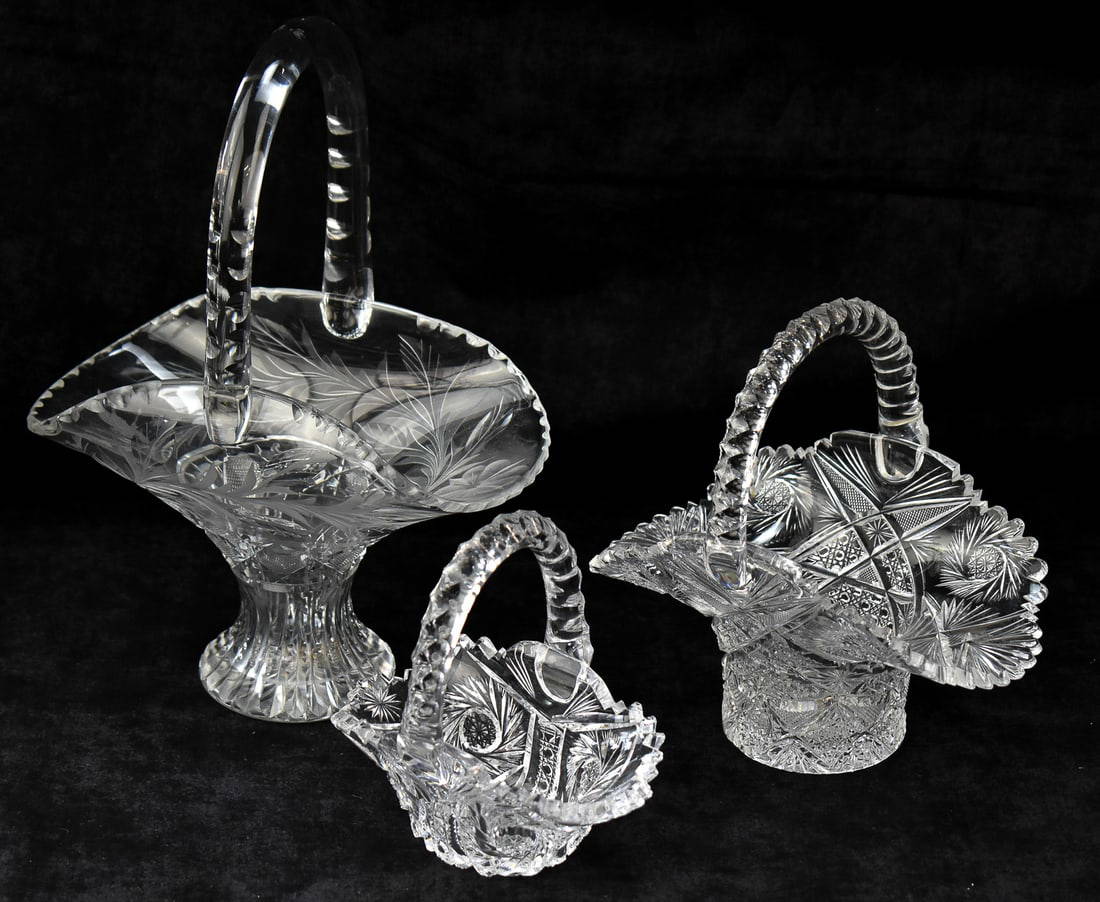 Three Cut Glass Handled Baskets, Etched Floral & Swirling Hobstar ...