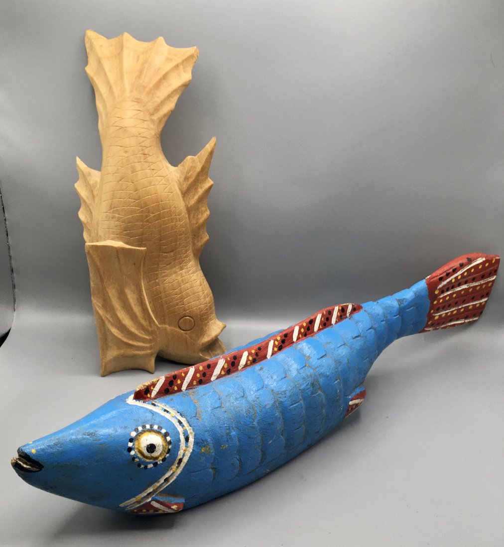 Two Primitive Folk Art Fish Carvings Auction