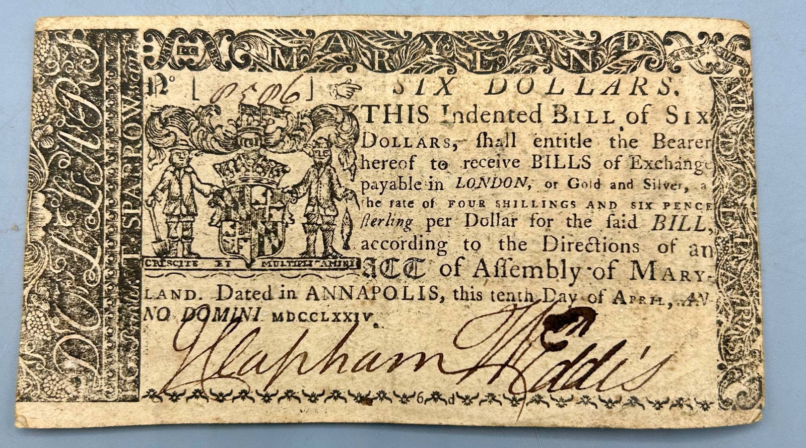 Colonial Currency Md, April 10, 1774, Six Dollars Auction