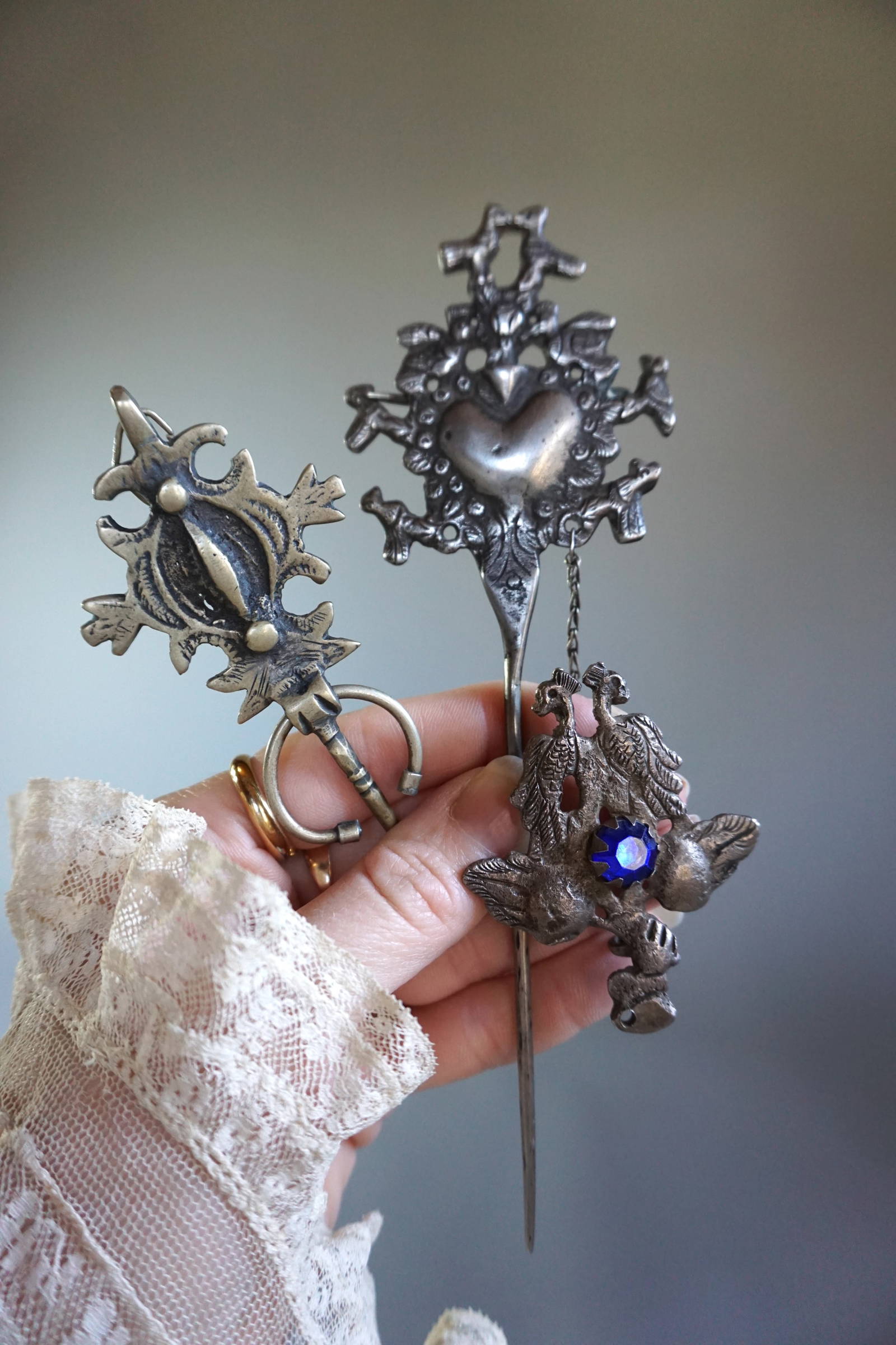 Antique Silver Devotional Pins, Brooch, Heraldic Metal Adornments Lot ...