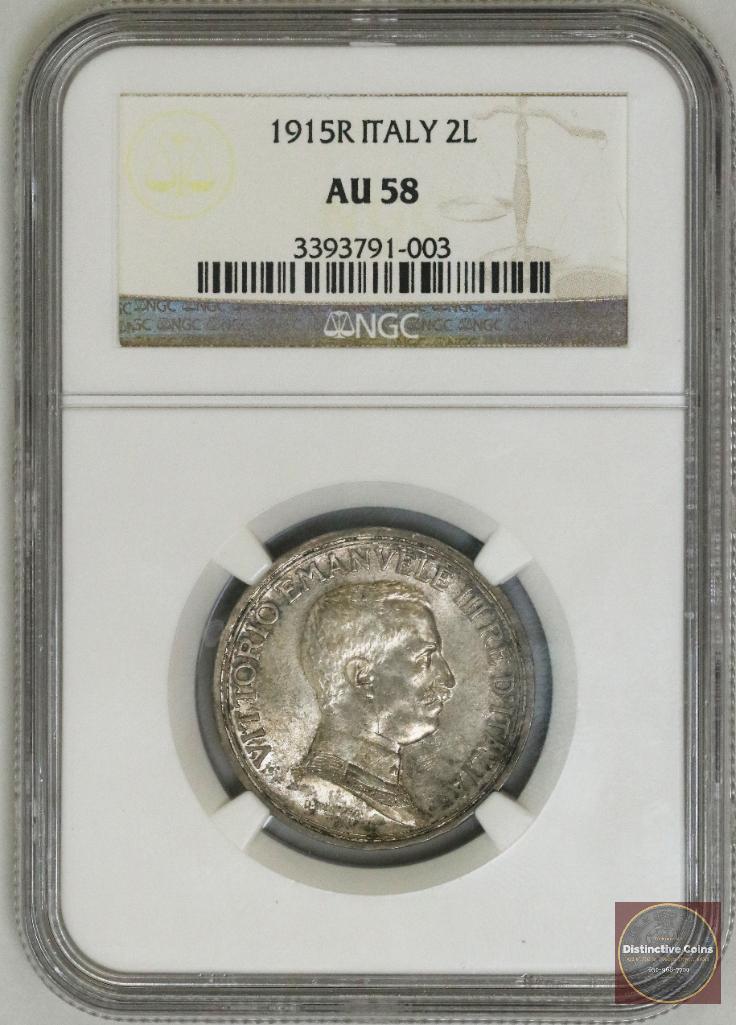 1915 R Italy 2 Lire (NGC) AU58 - Mar 25, 2023 | Distinctive Coins in IL