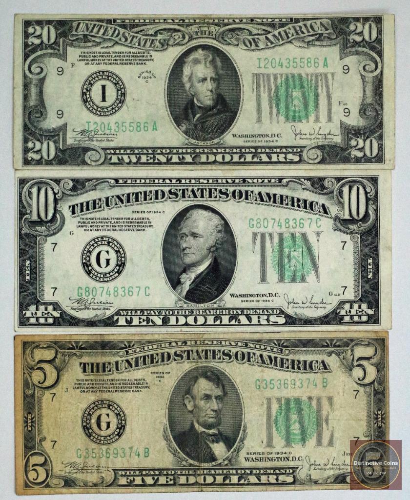 Group of (3) 1934 Federal Reserve Notes $5, $10 & $20 - Mar 25, 2023 ...