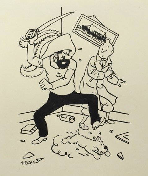 Drawing Ink On Paper Belgian Herge Tintin Milou Captain Haddock ...