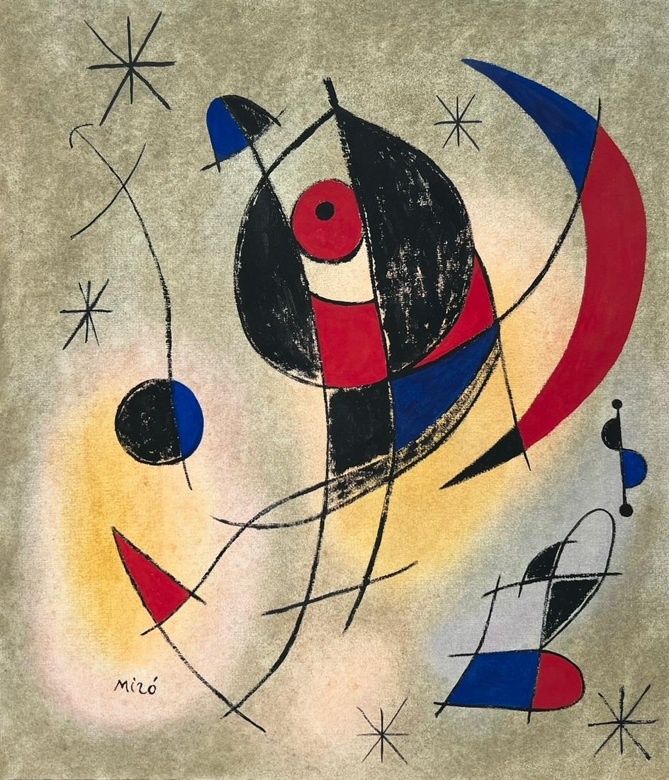 Mixed Media On Paper Joan Miro Style Spanish Surrealism Auction