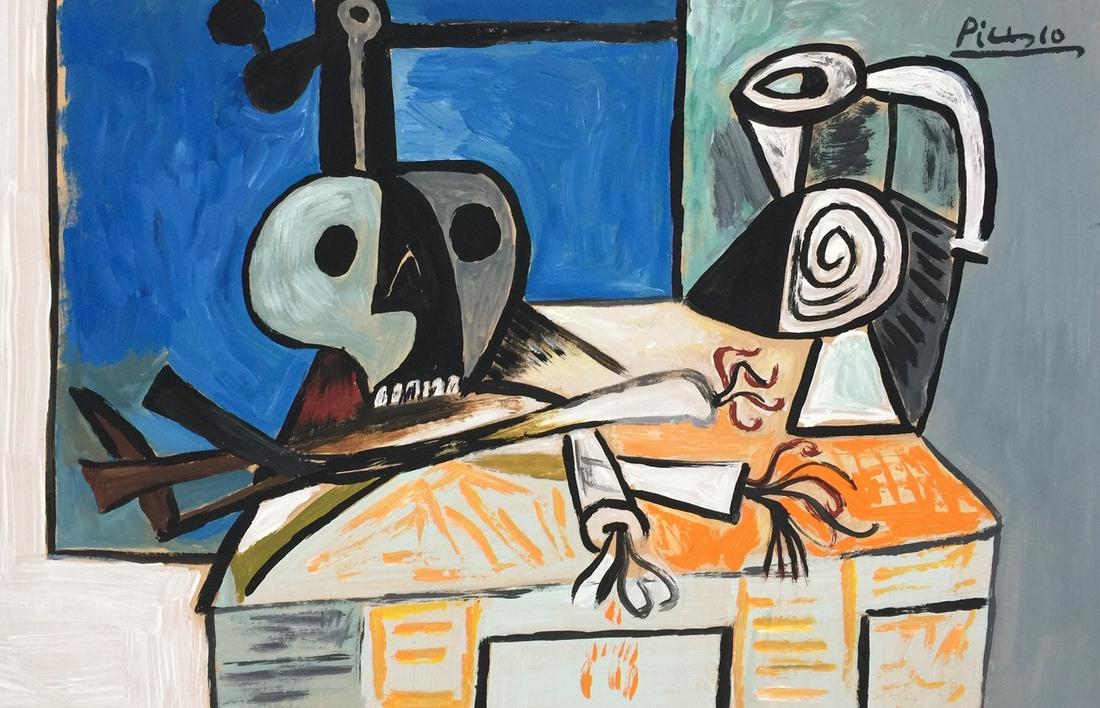 Tempera On Paper Pablo Picasso Spanish Cubism Painting Skull Still Life