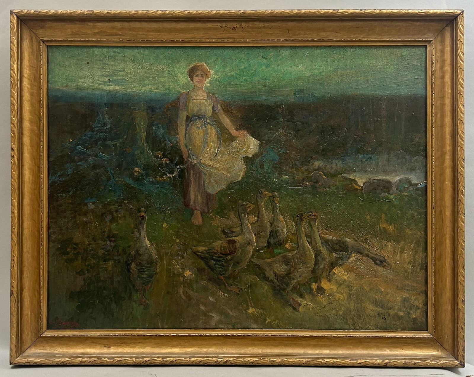 Oil Painting Of Girl Herding Geese Auction
