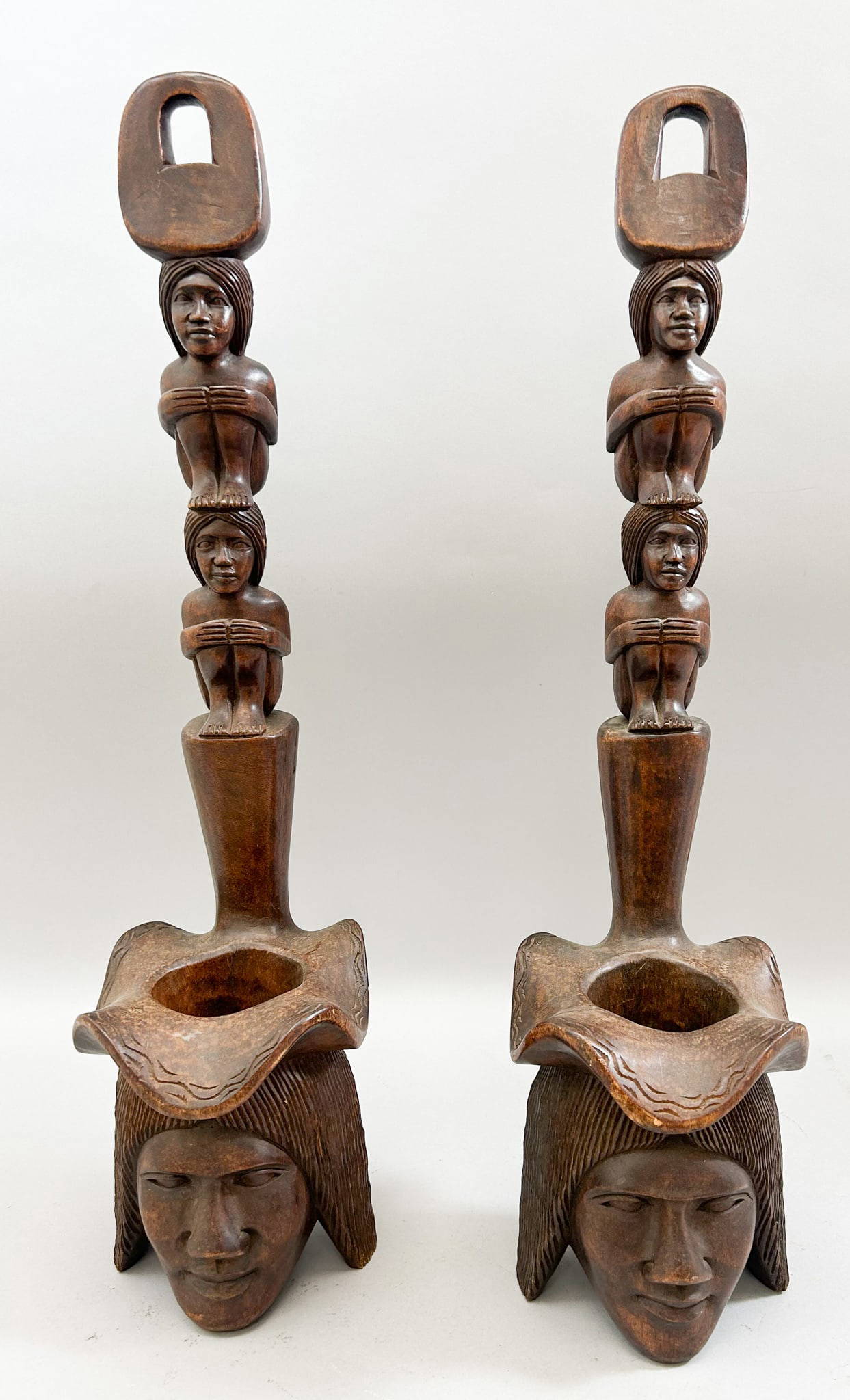 Pair Of Vintage Tiki Polynesian Wood Hand Carved God Ceremonial Water ...