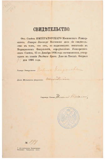 Diploma From The Moscow Medical Faculty