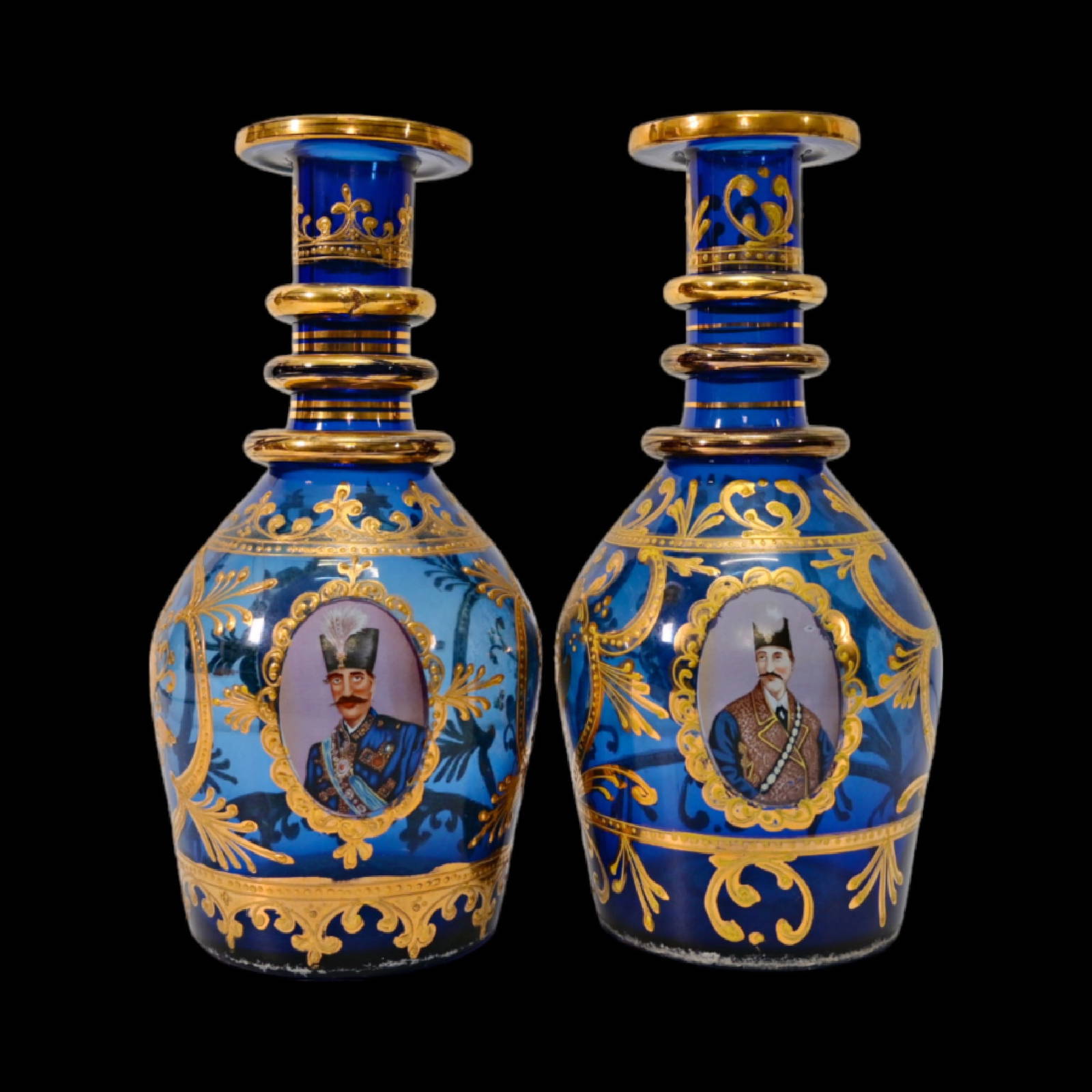A Pair Antique Bohemian Moser Persian Market Light Cobalt Blue Glass ...